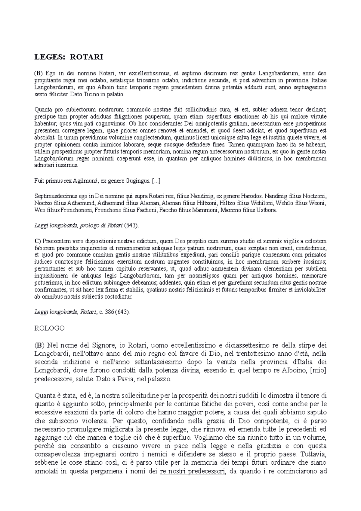 Le leggi dei Longobardi Rotari e Liutprando - LEGES: ROTARI ( B ) Ego ...
