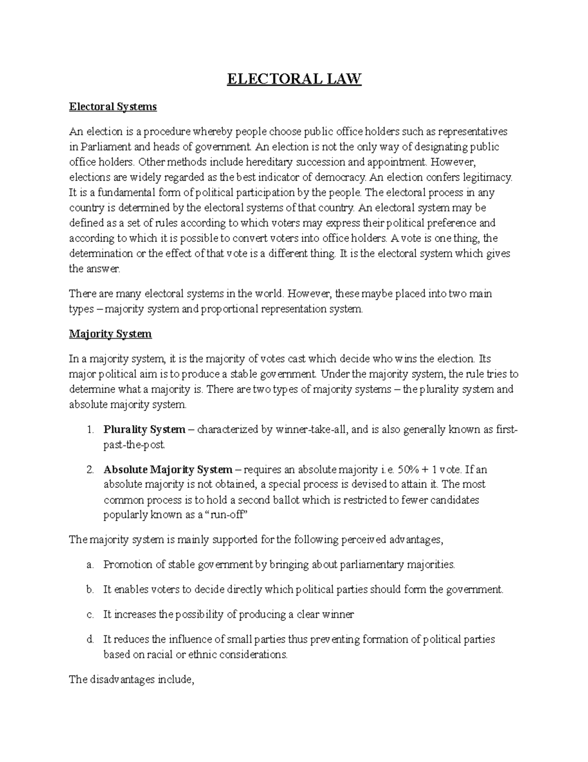 6. Electoral LAW - ELECTORAL LAW Electoral Systems An election is a ...