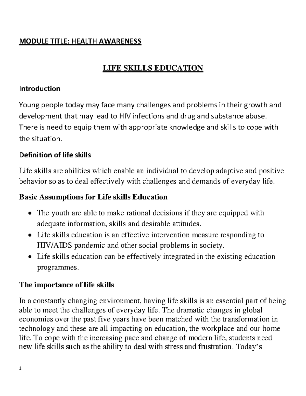 Lifeskills Handout - NOTES - MODULE TITLE: HEALTH AWARENESS LIFE SKILLS ...