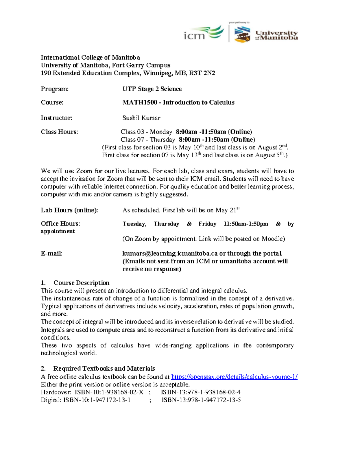 MATH1500- intro to calculus -Course Outline- Summer 2021 ...