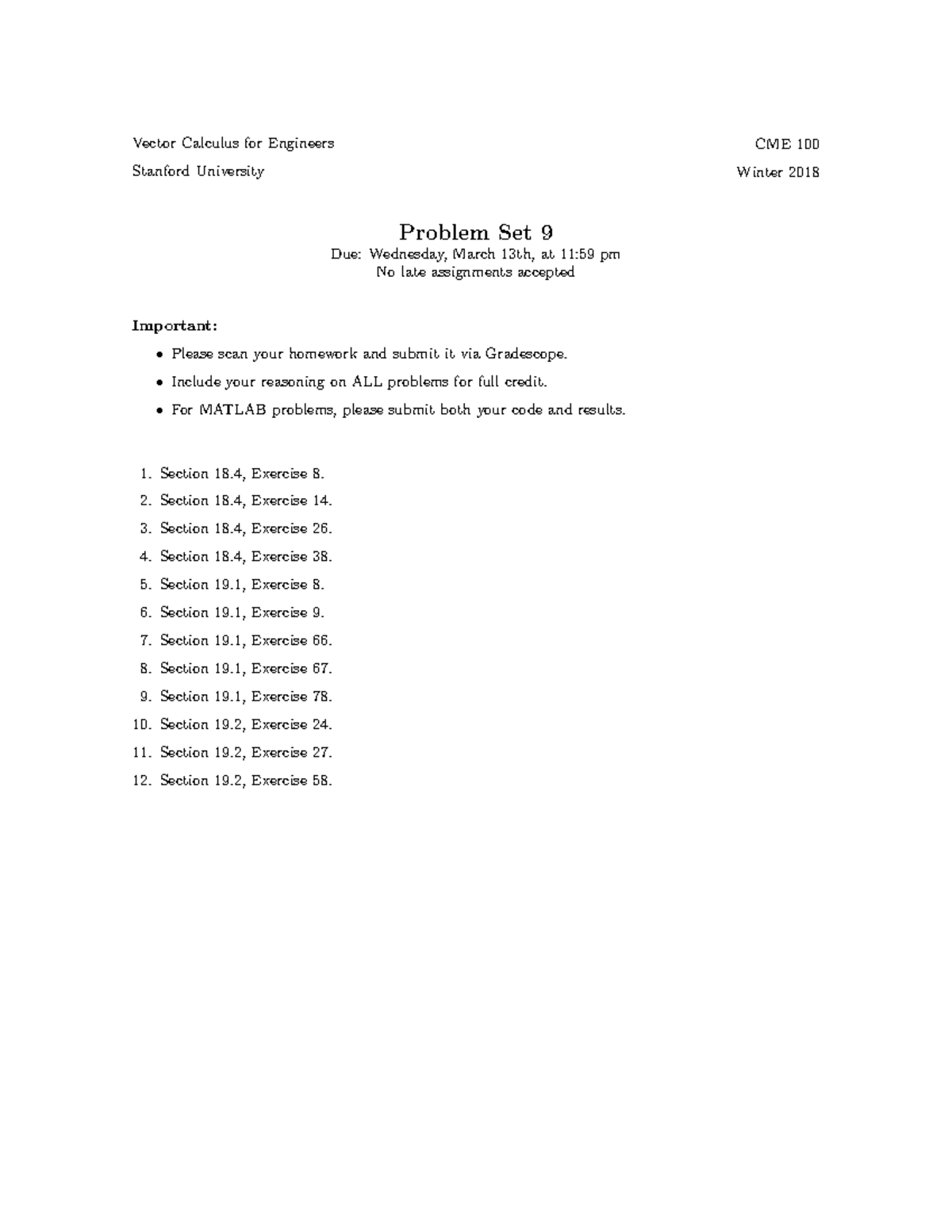 Hw9 - Problem set for Vector Calculus For Engineers - Vector Calculus ...