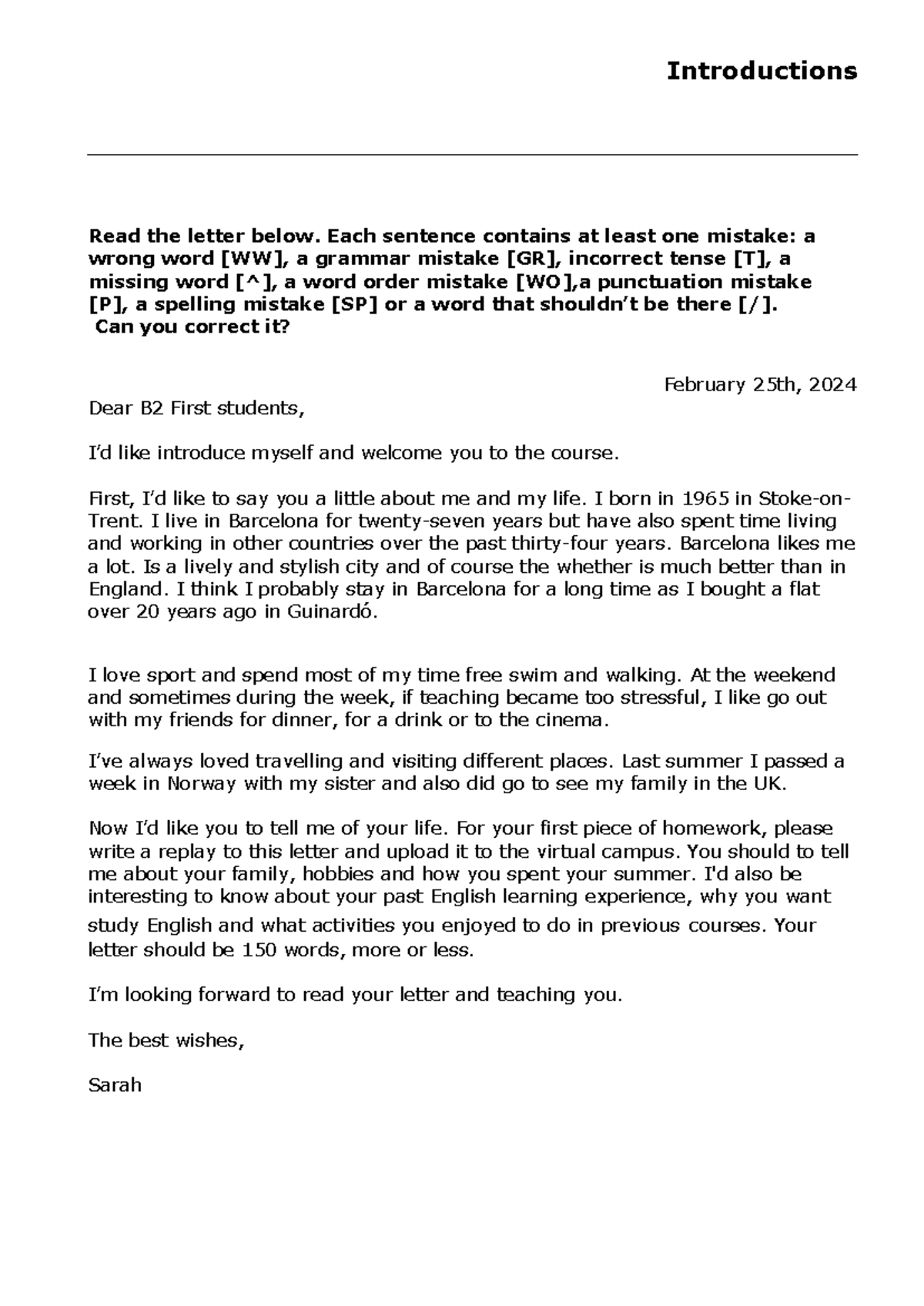 Sample letter to correct B2 First 2024 (2) - Introductions Read the ...