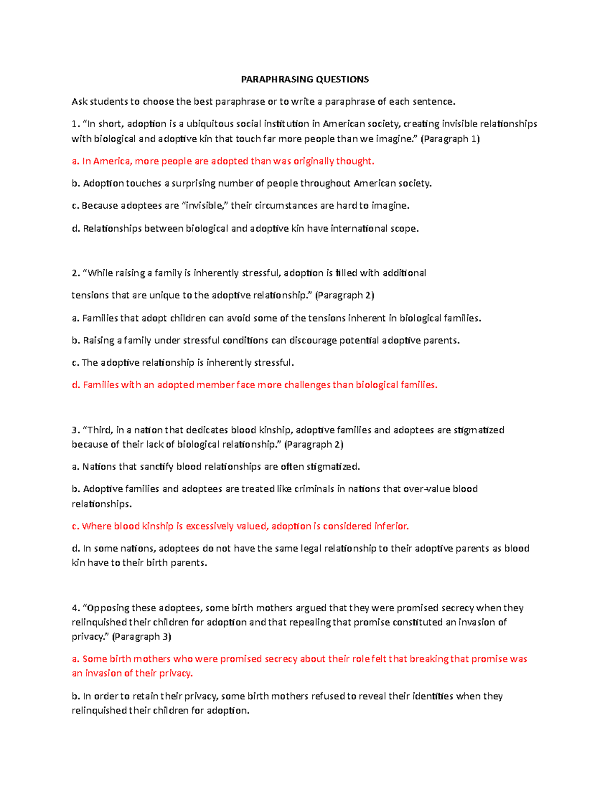 Exercises ON Paraphrasing AND Summarising - PARAPHRASING QUESTIONS Ask ...