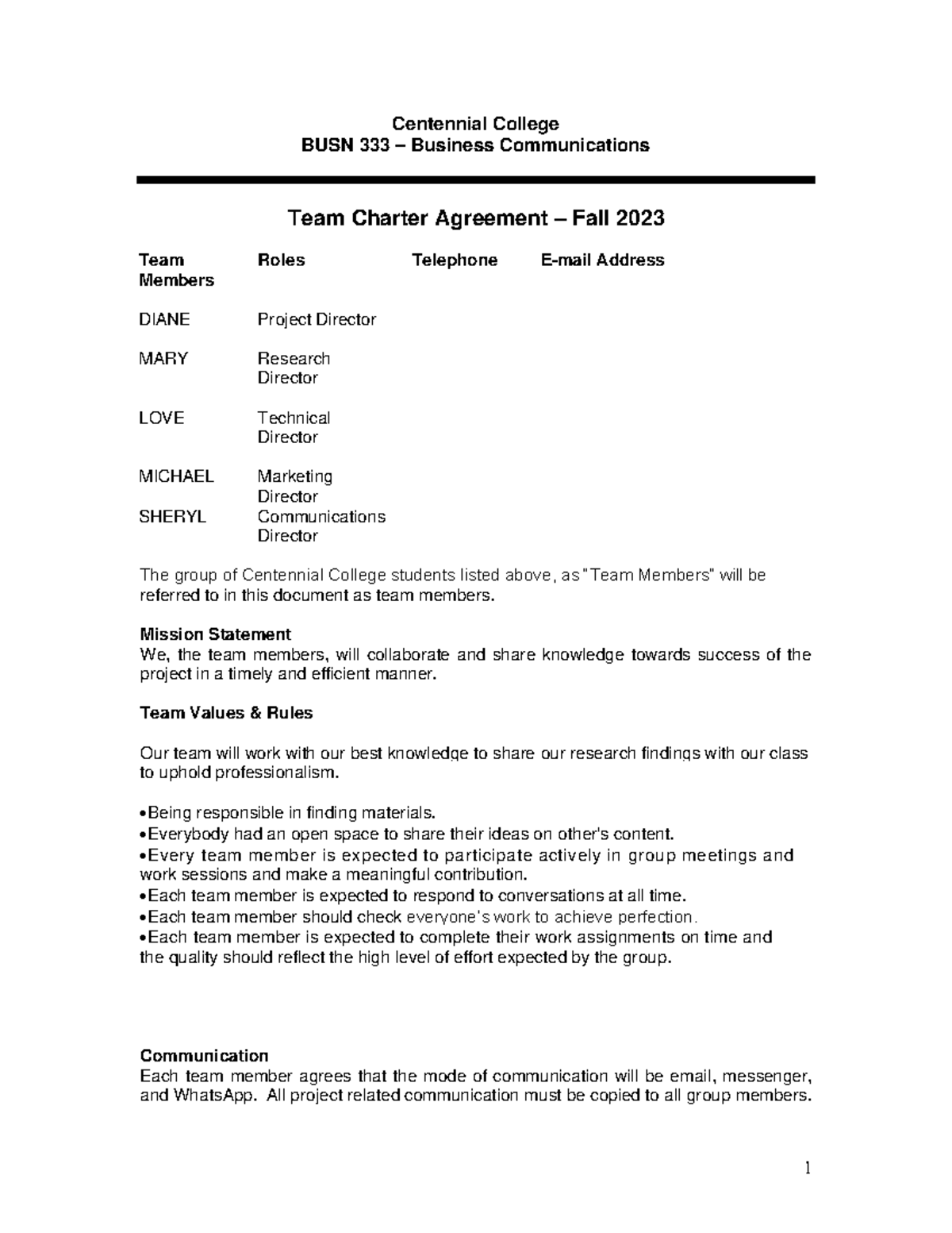 TEAM Charter-BUSN 333 - GROUP PROJECT - 1 Centennial College BUSN 333 ...