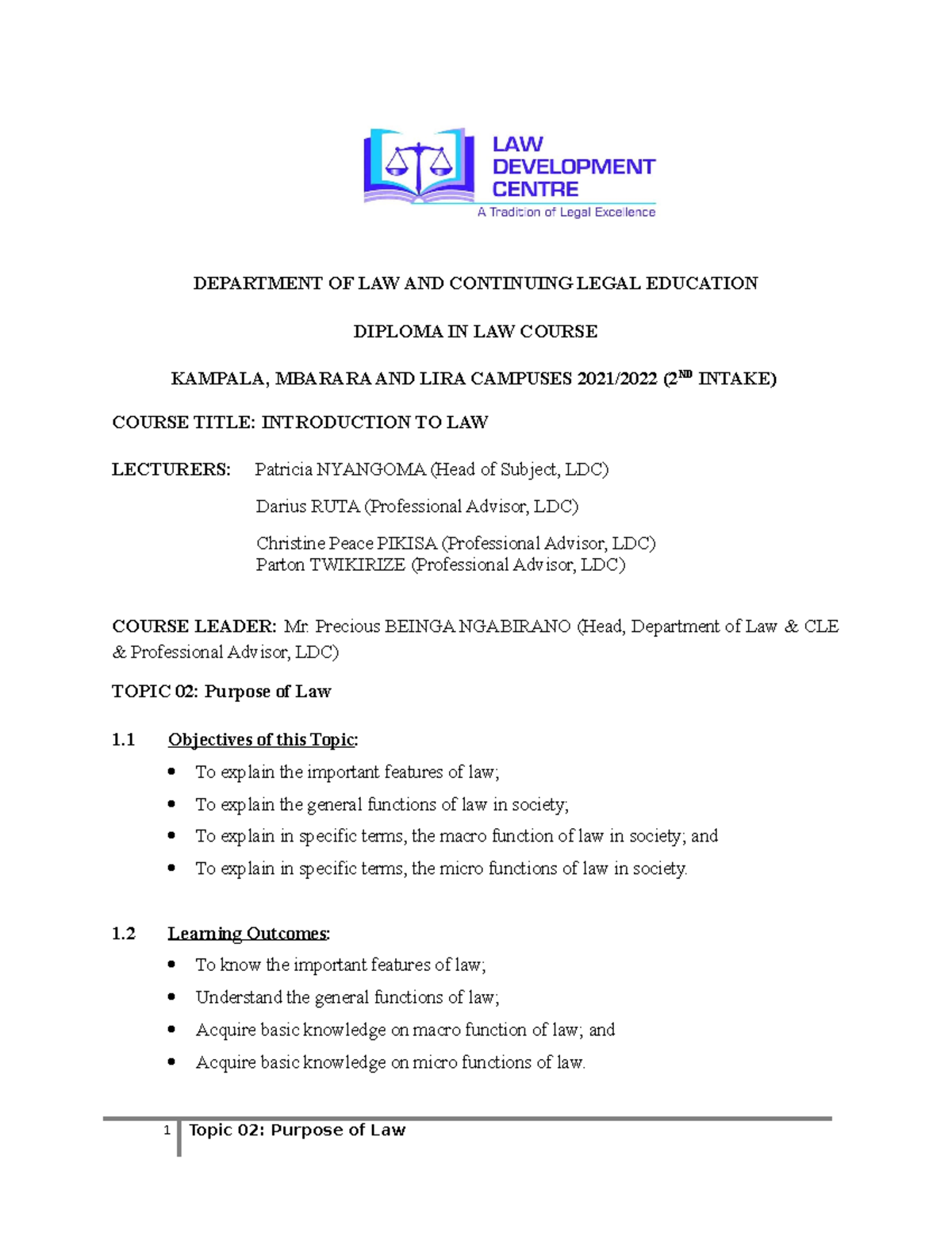 Introduction to law - DEPARTMENT OF LAW AND CONTINUING LEGAL EDUCATION ...