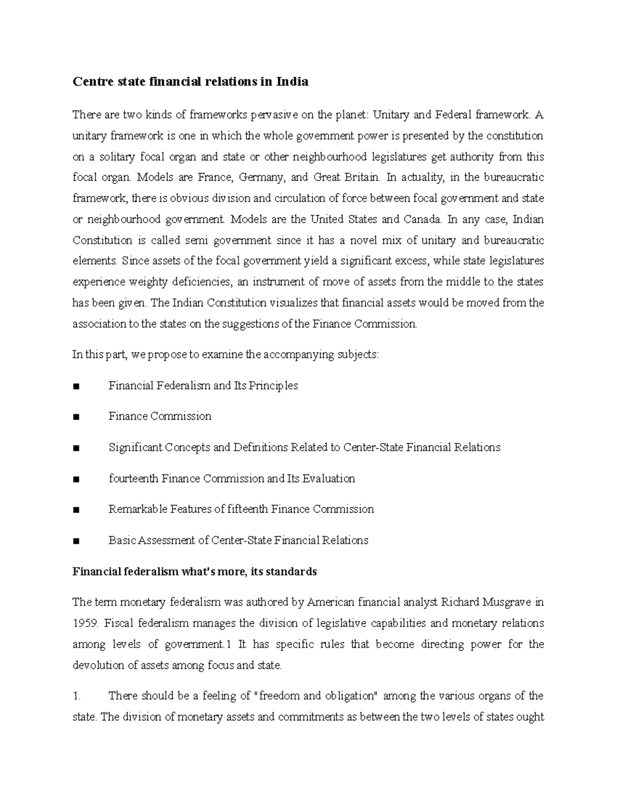 Centre state financial relations in India - A unitary framework is one ...