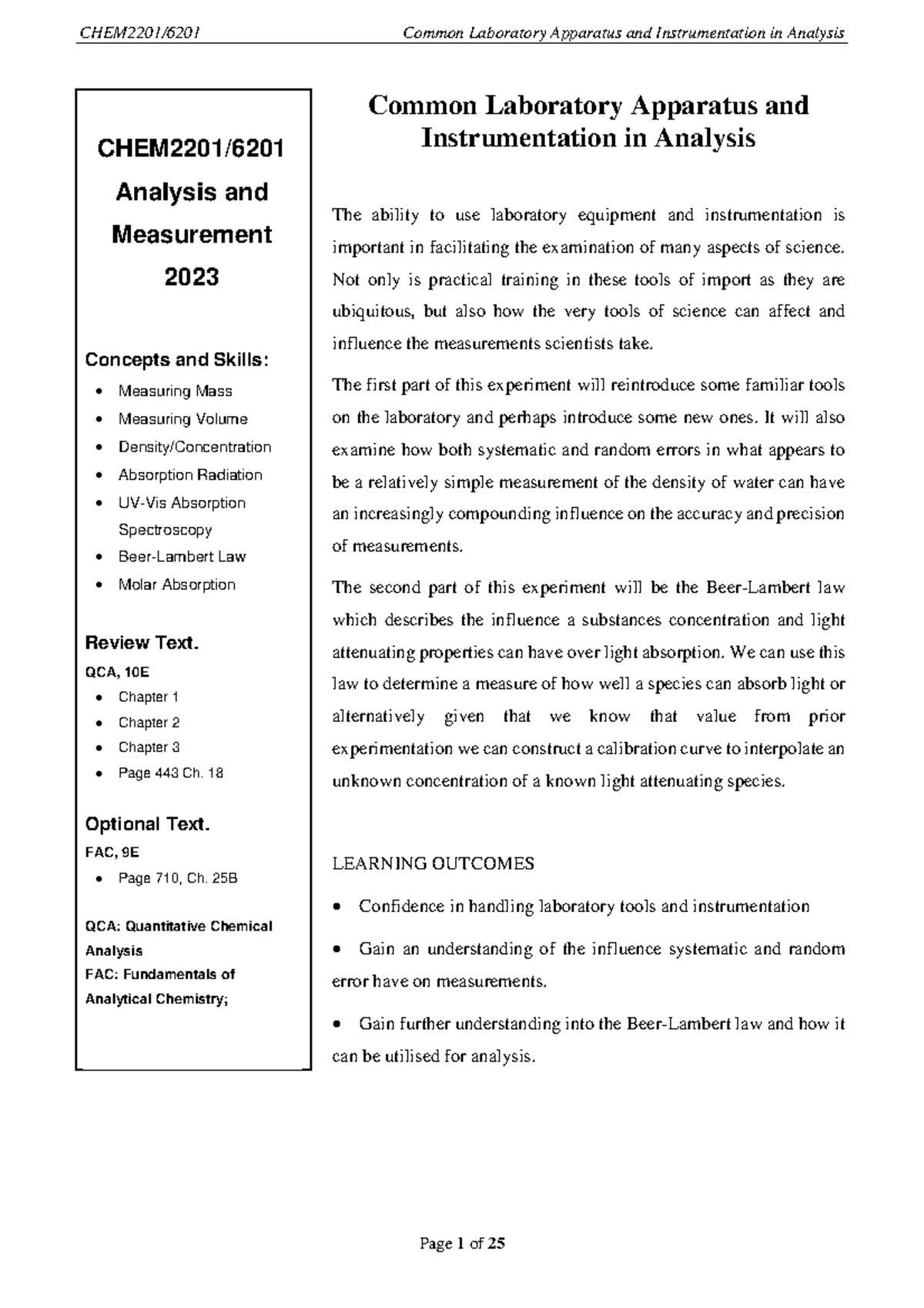 CHEM2201-6201 Common Laboratory Apparatus and Instrumentation in Analysis Updated - Common - Studocu