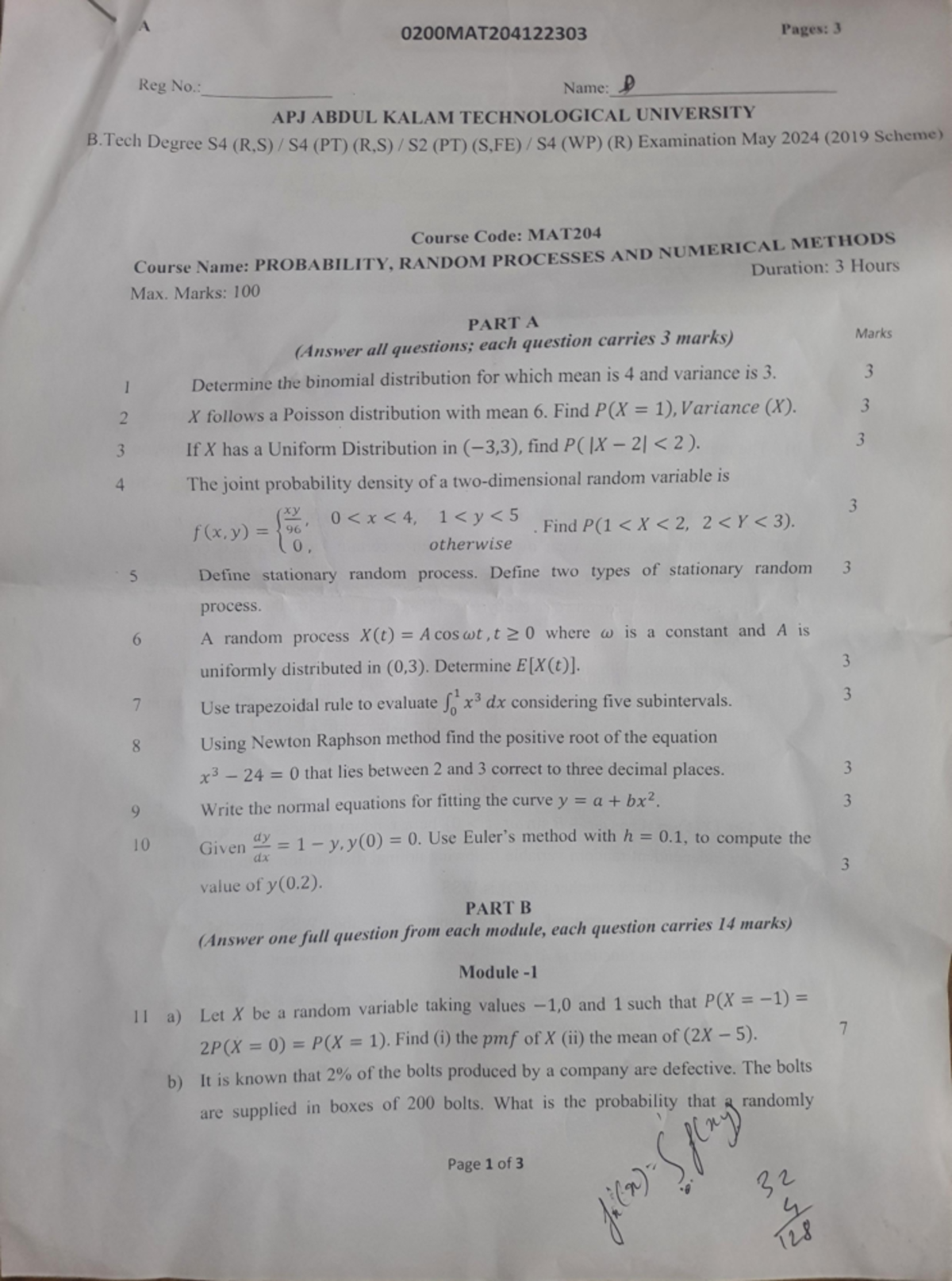 S4 QP 2024 MAT-204 - 0200MAT204122303 Pages: 3 Reg No.: Name: p ...