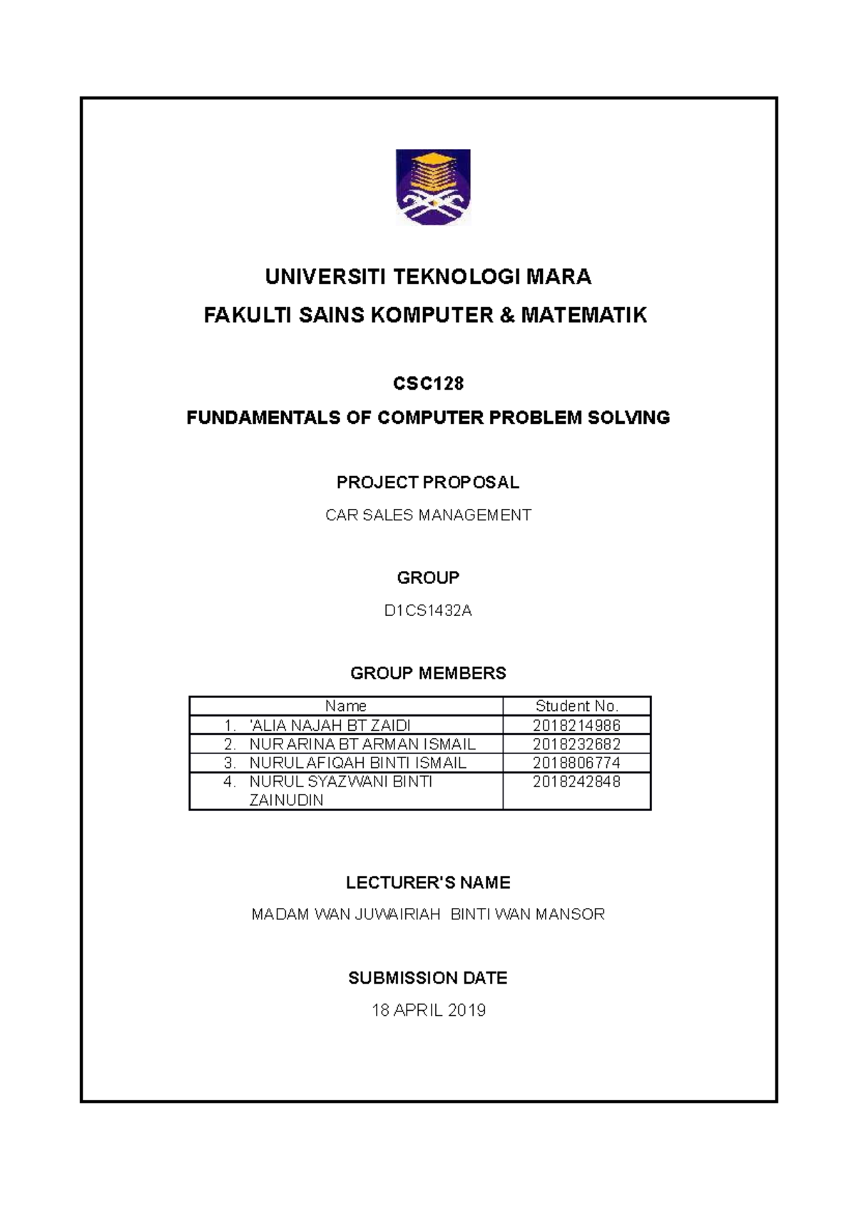 Assignment CSC128 - UNIVERSITI TEKNOLOGI MARA FAKULTI SAINS KOMPUTER & MATEMATIK CSC - Studocu