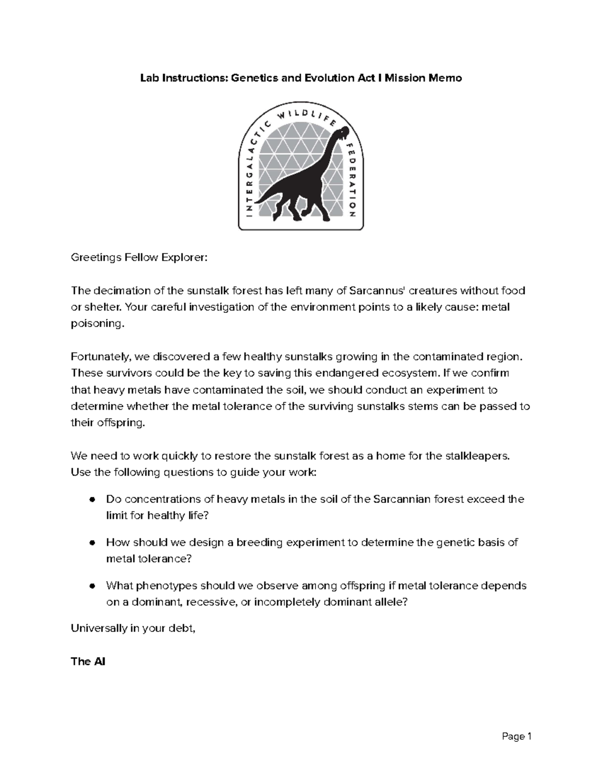 Genetics Act I Mission Memo - Lab Instructions: Genetics and Evolution Act I Mission Memo ...