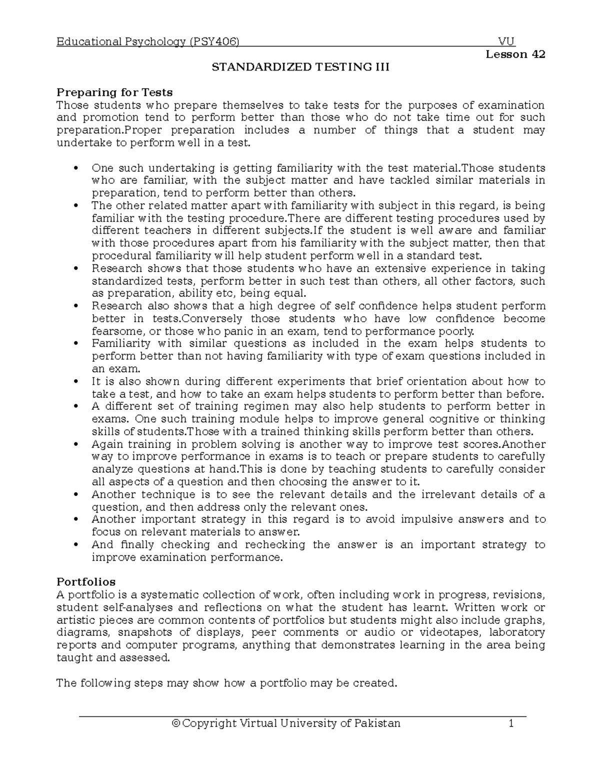 PSY406 Marked Handout 4 - Lesson 42 STANDARDIZED TESTING III Preparing ...