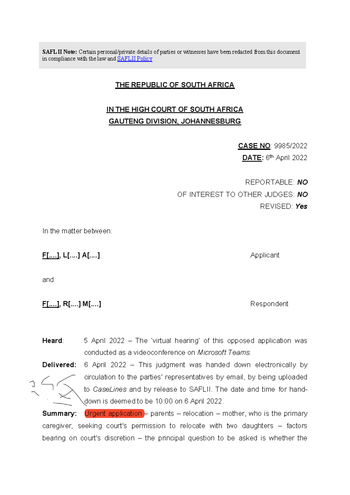 FLA v MRM - cases - SAFLII Note: Certain personal/private details of ...