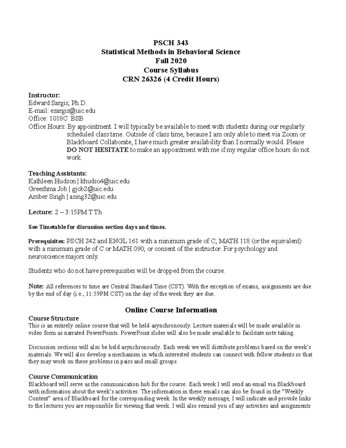 PSCH 343 Course Syllabus Fall 2020 2pm - PSCH 343 Statistical Methods in Behavioral Science Fall ...