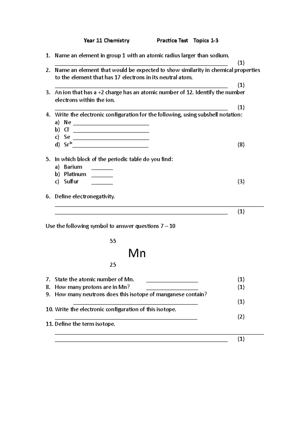 Chemistry Practice Test Topics 1