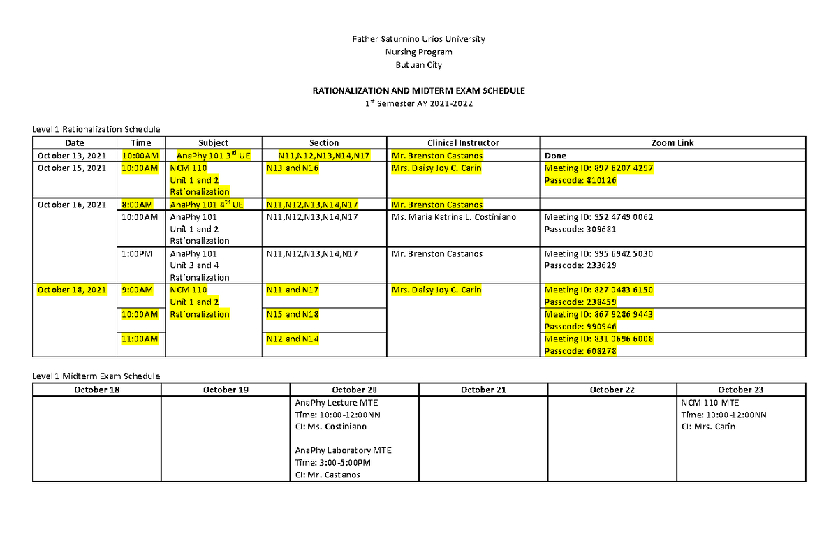 Updated Rationalization AND Midterm EXAM Schedule - Father Saturnino ...