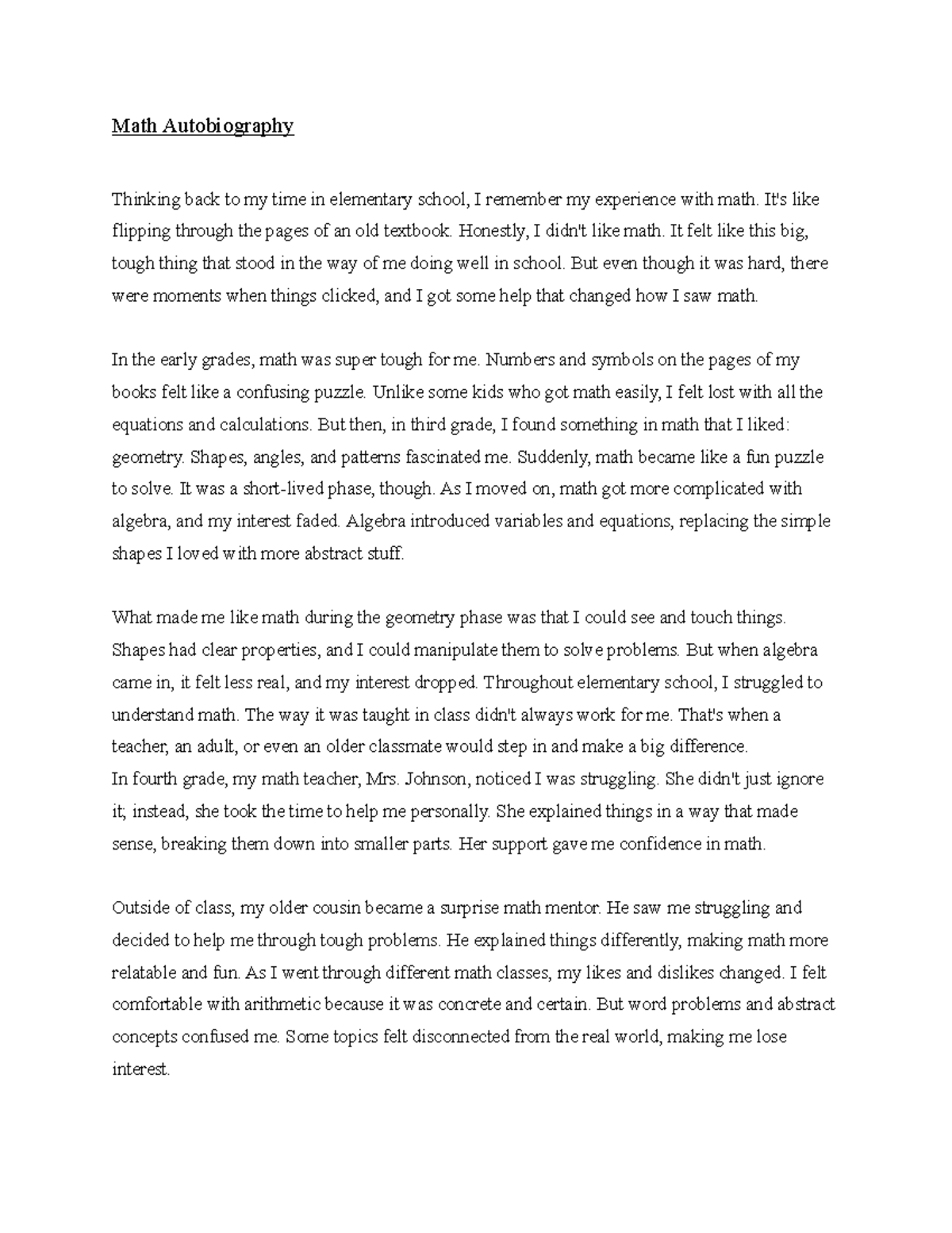 Math autobiography - Essay - Math Autobiography Thinking back to my ...