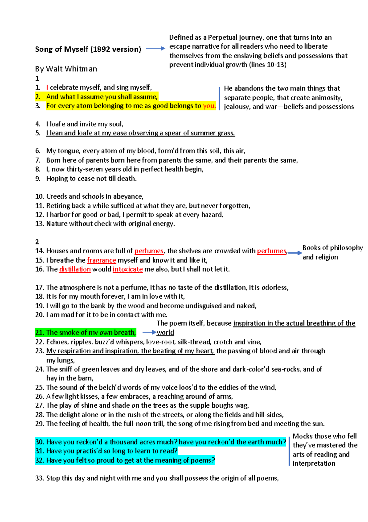 analisi Song of Myself - Song of Myself (1892 version) By Walt Whitman ...