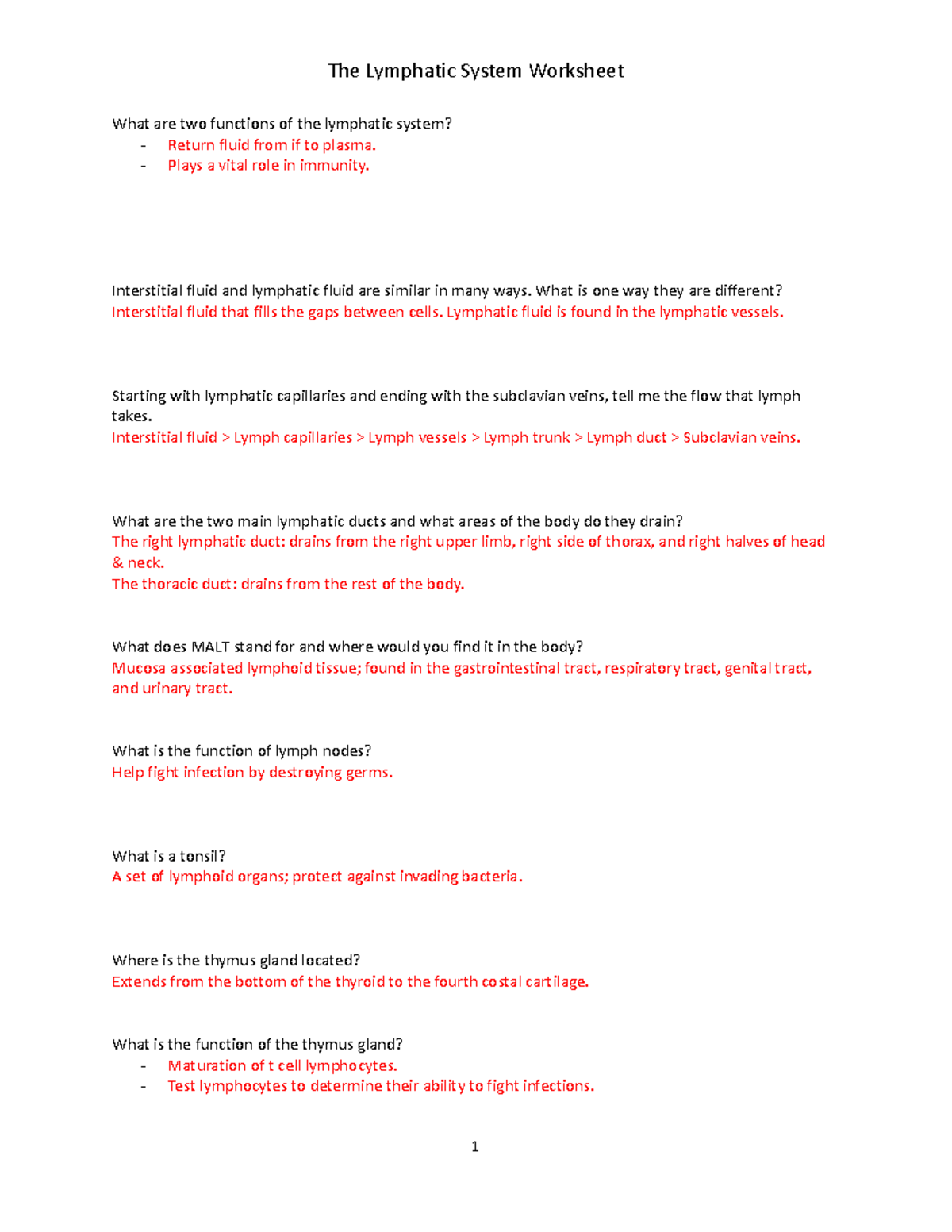 BIOS255 Lymphatic System Worksheet - The Lymphatic System Worksheet ...