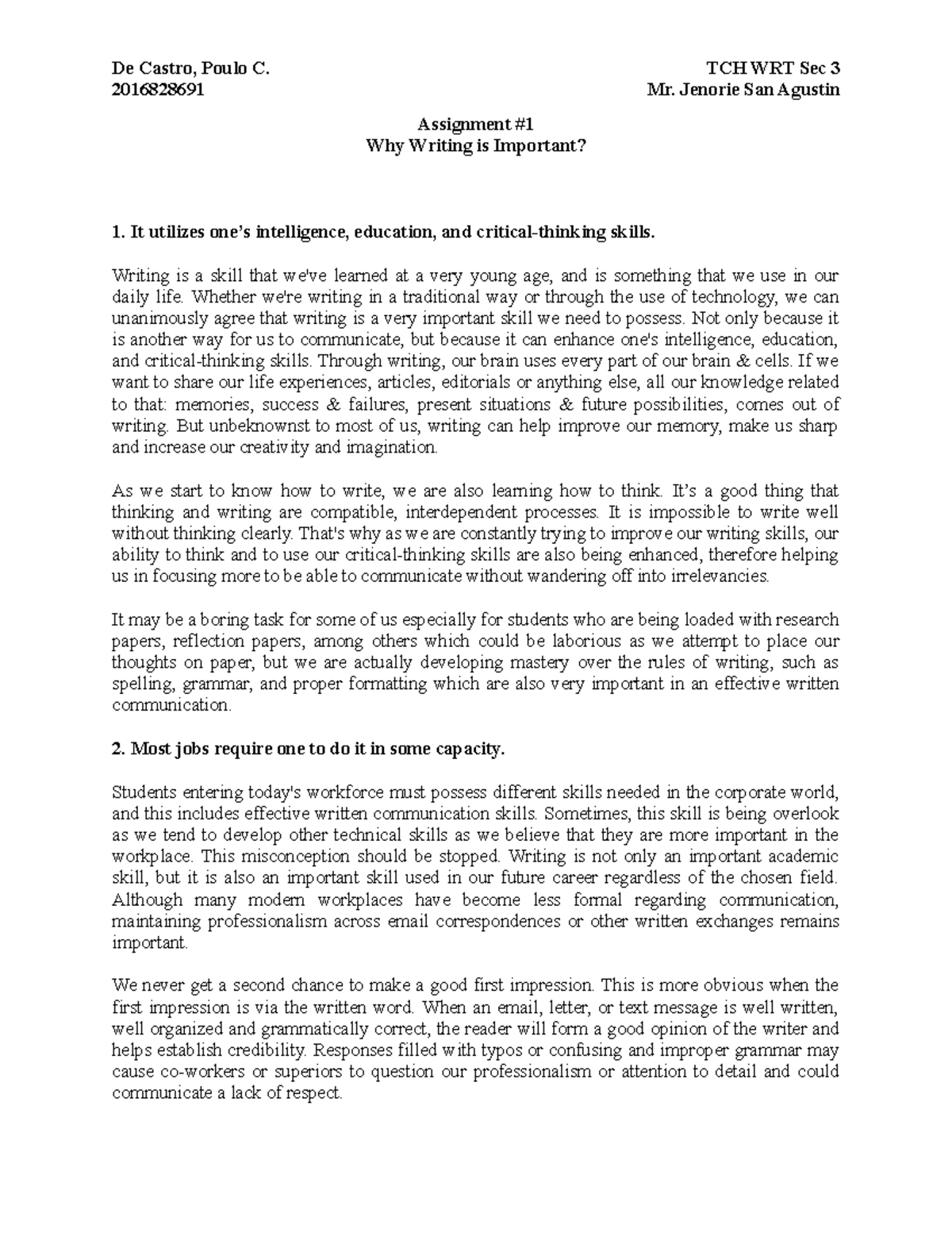 Why Writing is Important? An assignment for Technical Writing - De ...