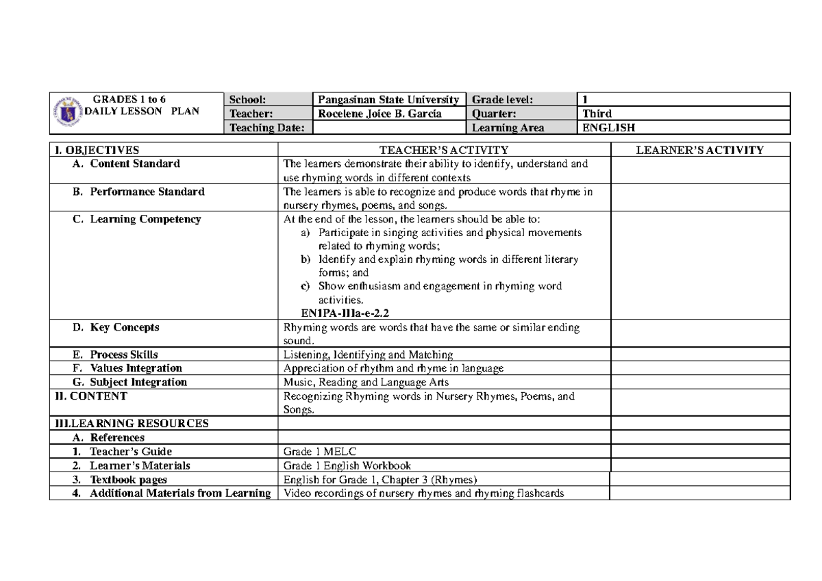 DLP Garcia Rocelene Joice B - GRADES 1 to 6 DAILY LESSON PLAN School ...