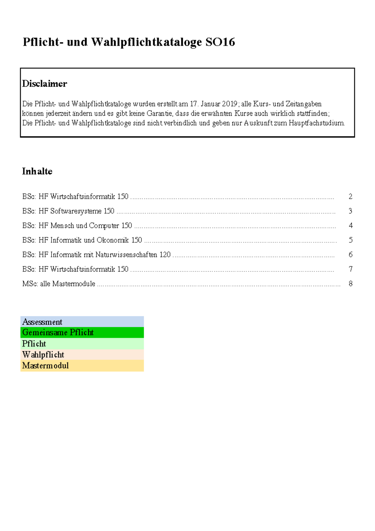 Modulkatalog BSc - adasd - Pflicht- und Wahlpflichtkataloge SO16 Disclaimer Die Pflicht- und ...