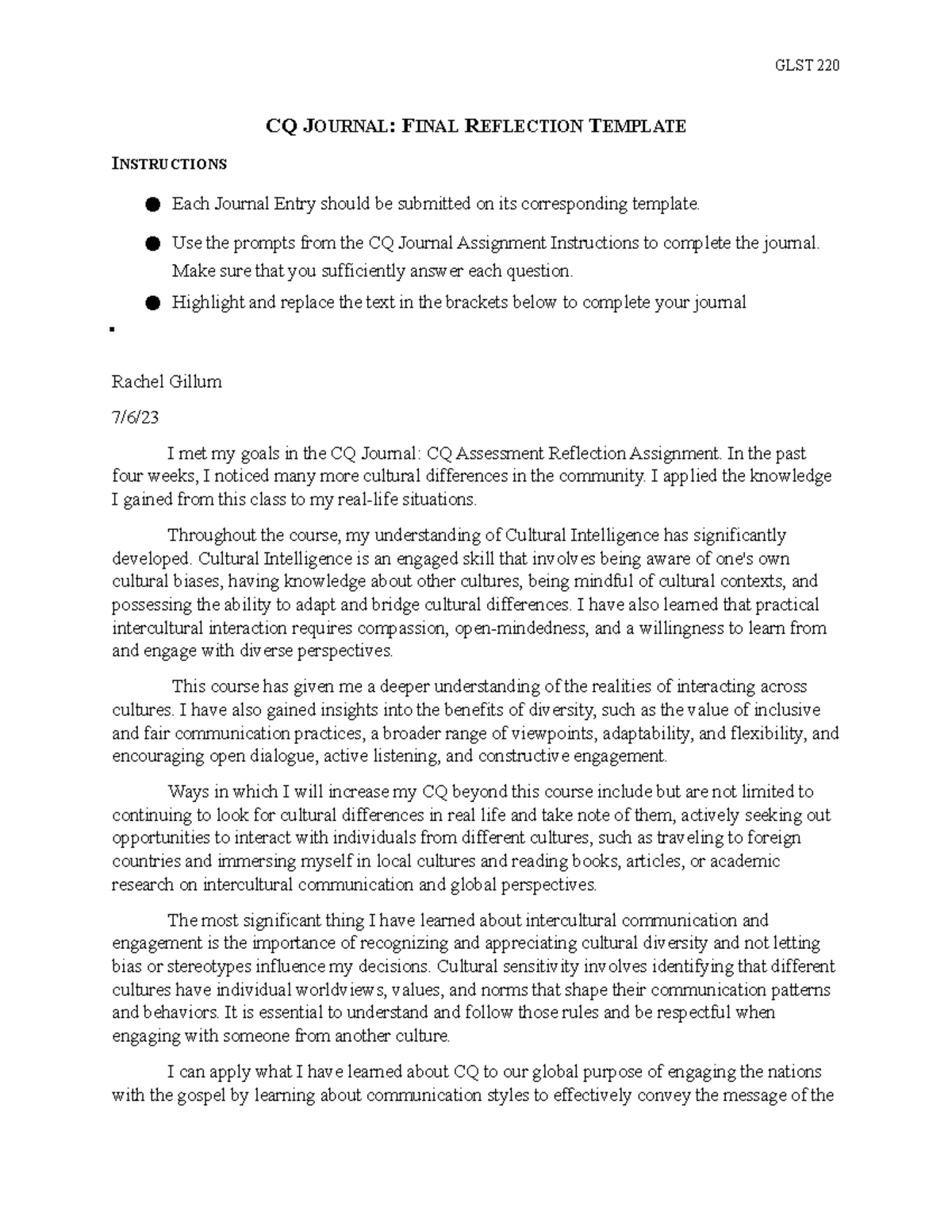 CQ Journal Final Reflection Template - GLST 220 CQ JOURNAL: FINAL ...