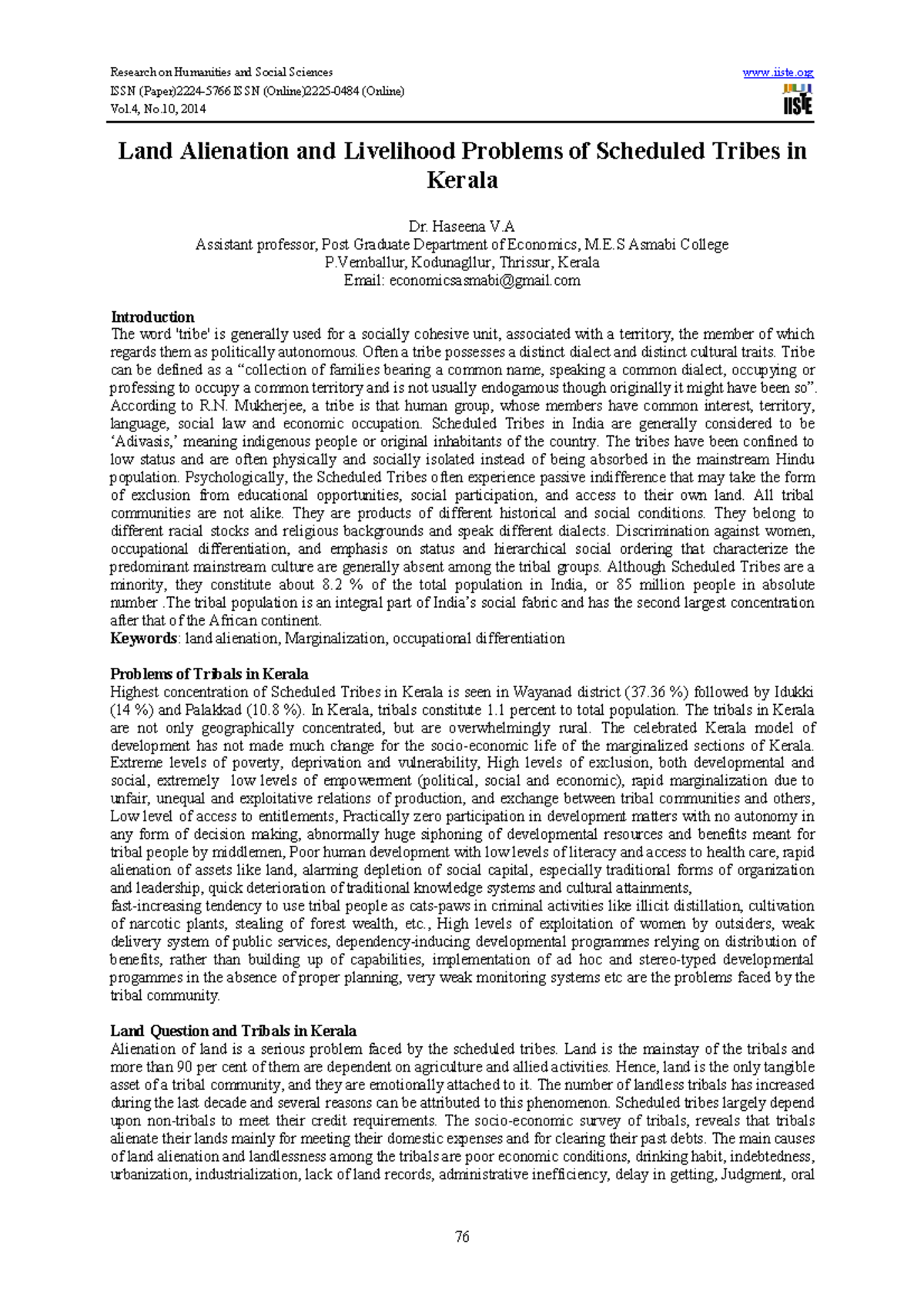 Land Alienation and Livelihood Problems of Scheduled Tribes in Kerala ...