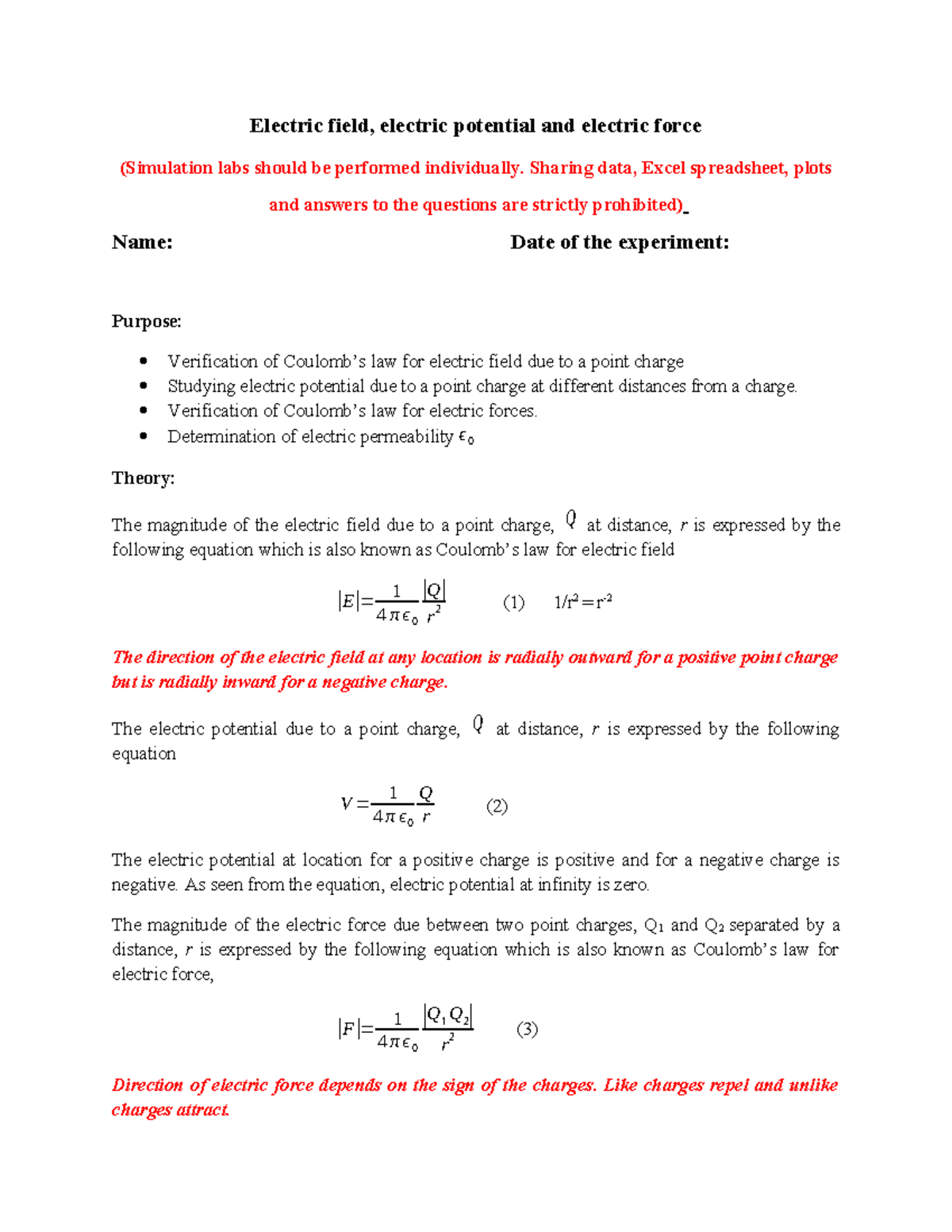 Static electricity Coulomb's law Simulation Lab - Electric field ...