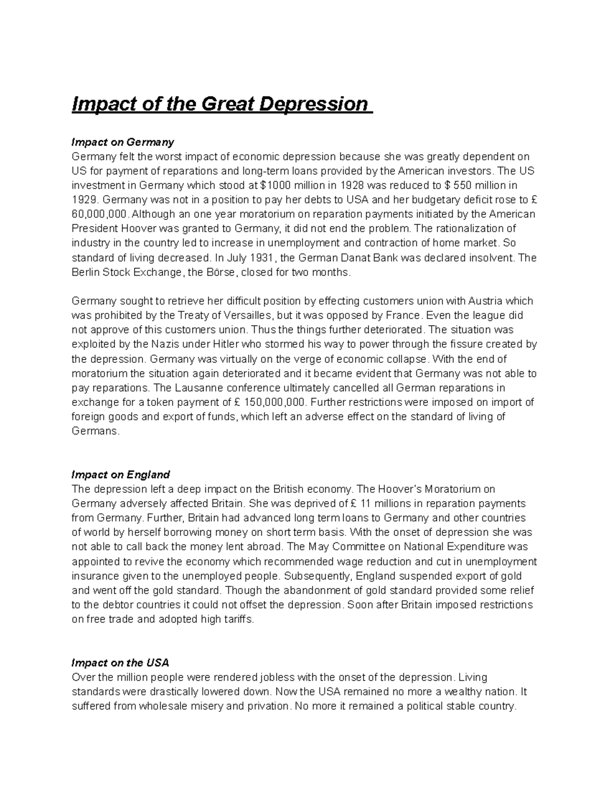 Impact of the Great Depression - Impact of the Great Depression Impact ...