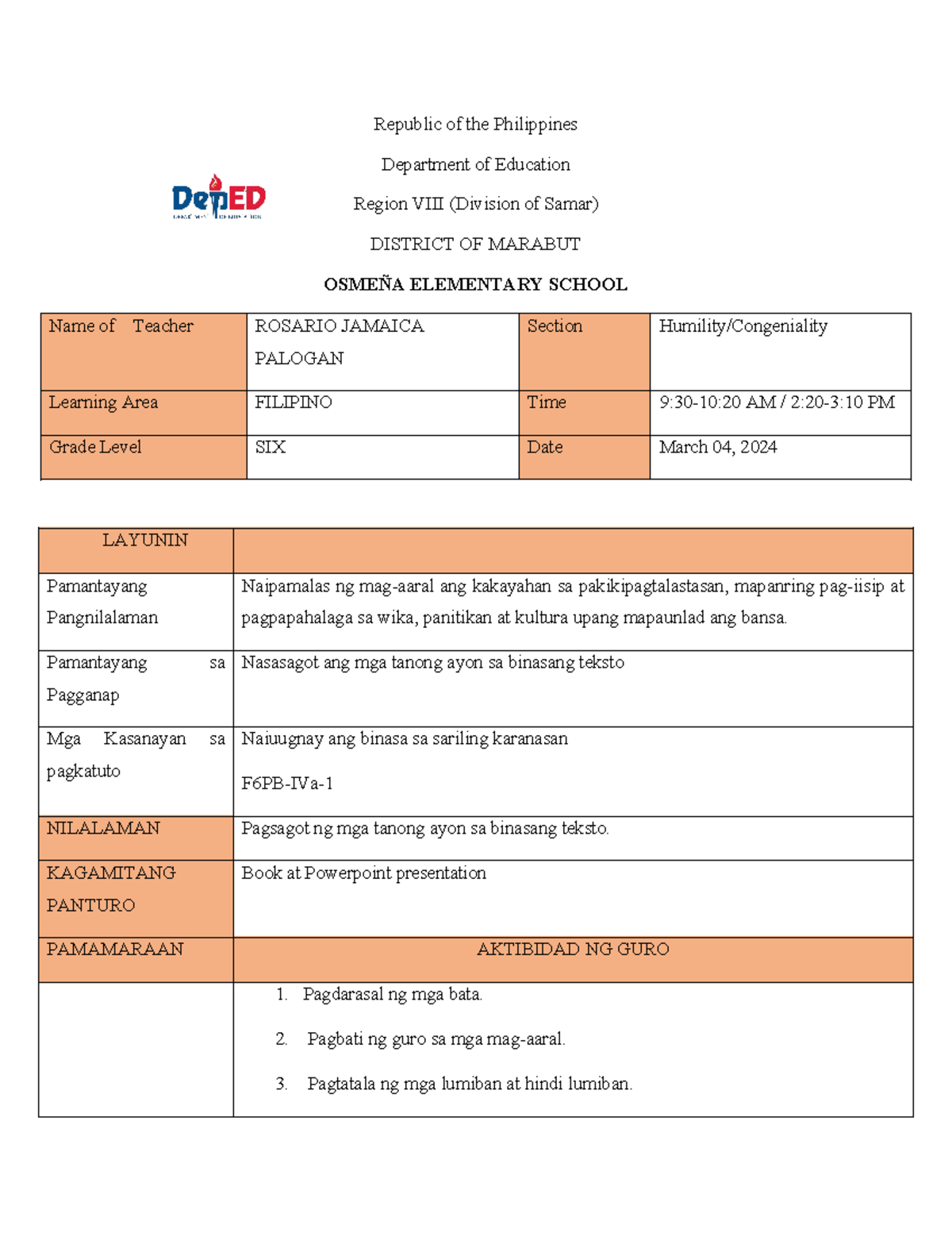 LP FIL - Republic of the Philippines Department of Education Region ...