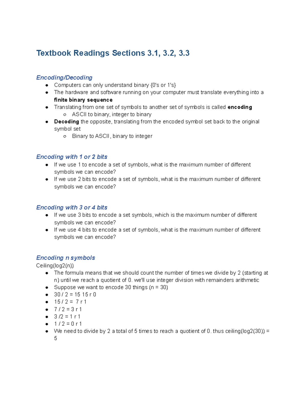 Sections 3.1 - 3.3 - Textbook Readings Sections 3, 3, 3. Encoding ...