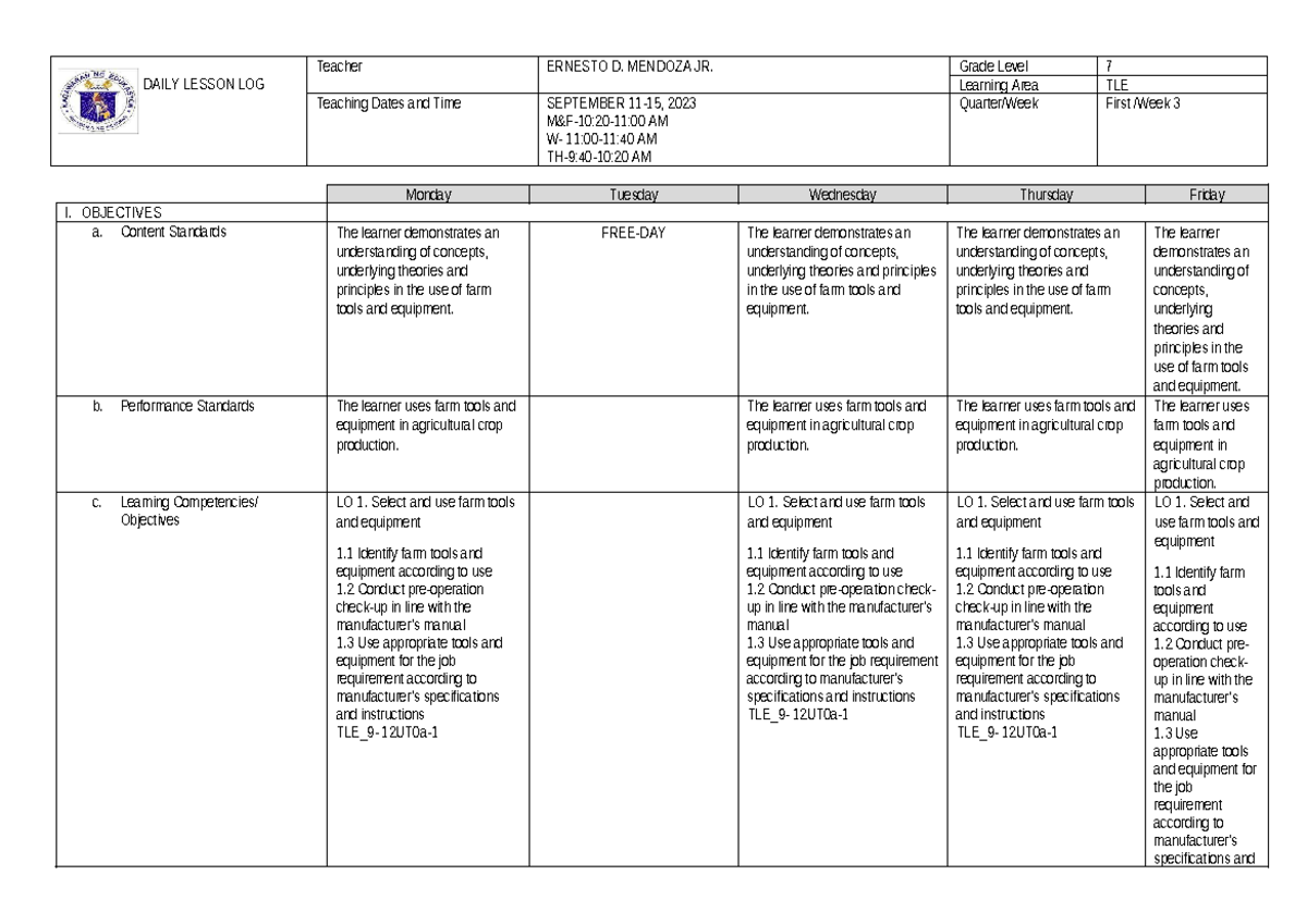 DLL Q1 TLE 7 WEEK 3 - lesson plan - DAILY LESSON LOG Teacher ERNESTO D ...