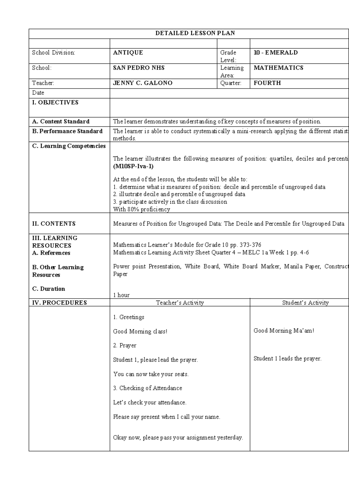 DLP-Decile Percentile - DETAILED LESSON PLAN School Division: ANTIQUE ...