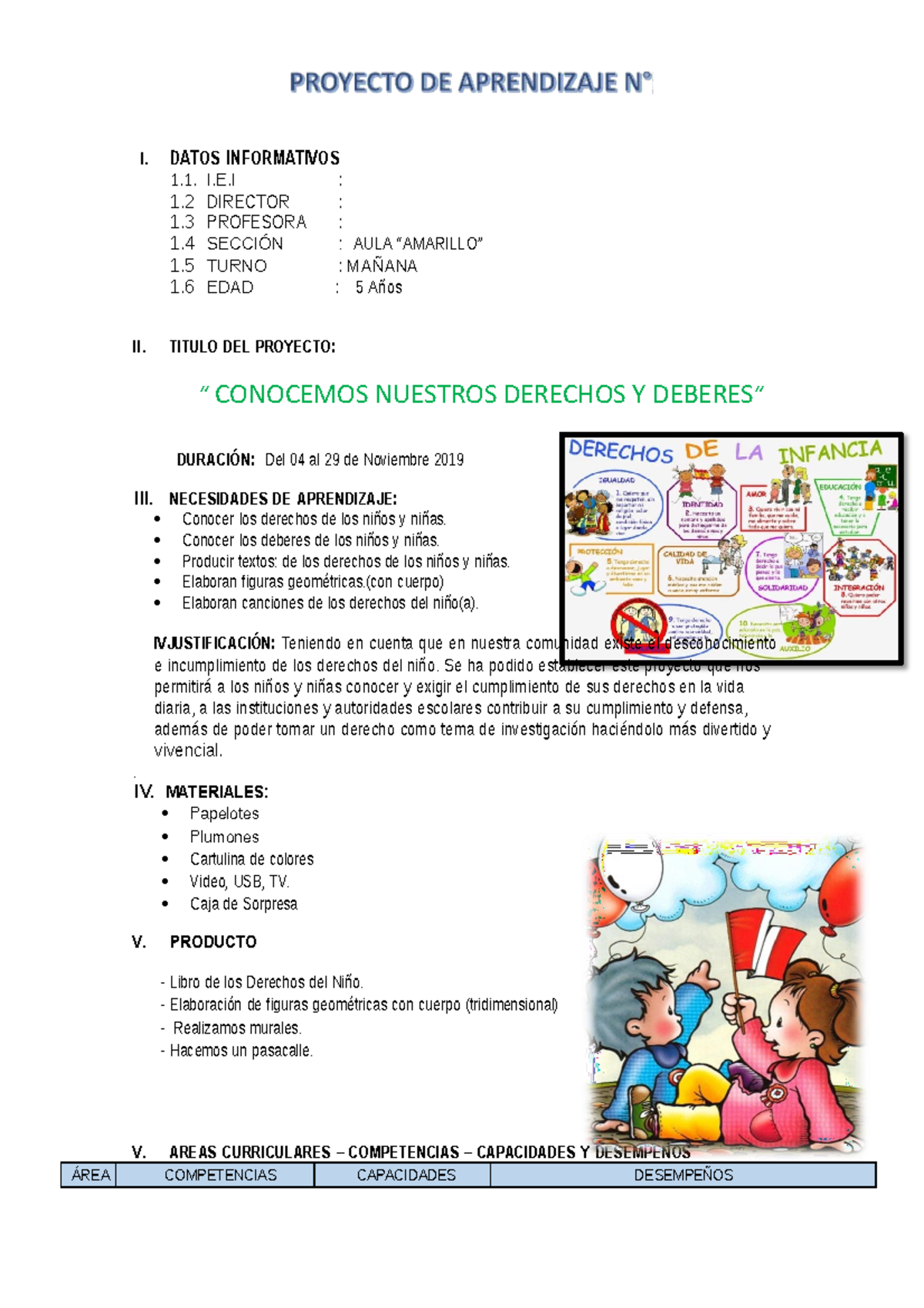 Proyecto 9 Derechos DEL NIÑO - I. DATOS INFORMATIVOS 1. I.E : 1 DIRECTOR : 1 PROFESORA : 1 ...