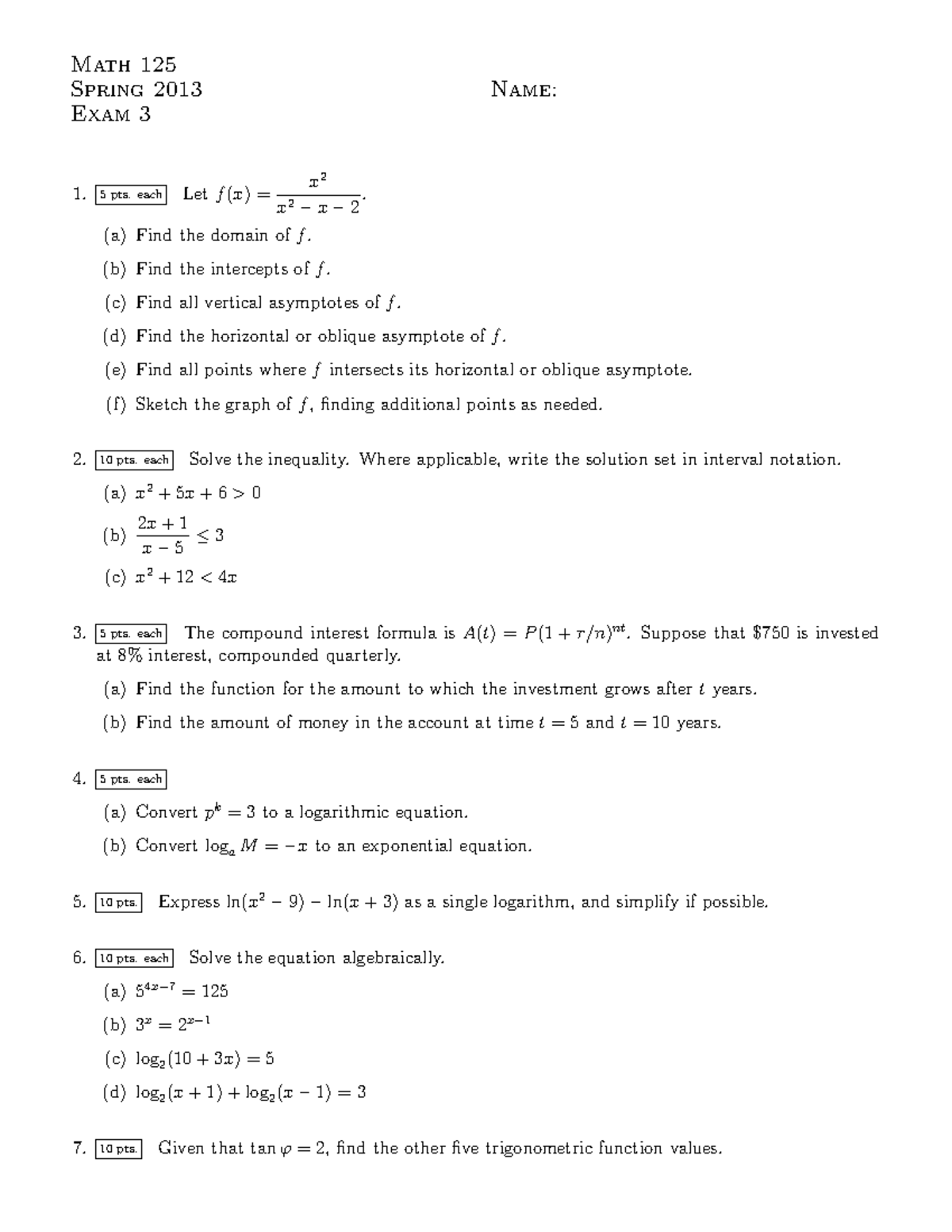 Exam S 13 125 3 - solutions to previous exams - Math 125 Spring 2013 ...
