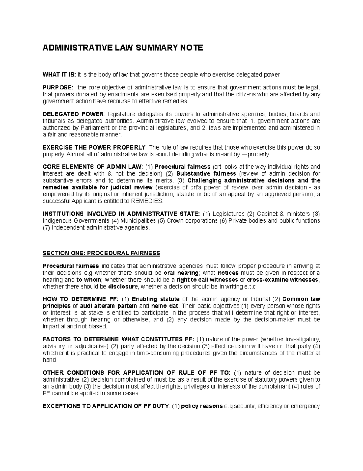 Administrative LAW Summary NOTE - ADMINISTRATIVE LAW SUMMARY NOTE WHAT ...