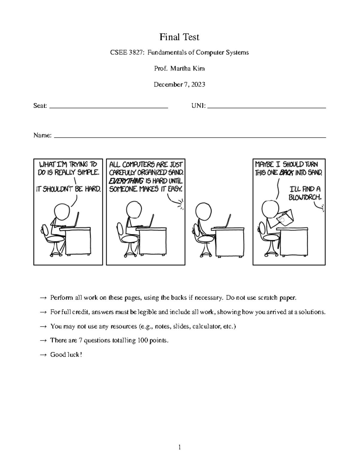 Final-F23-solutions - final practice - Final Test CSEE 3827 ...