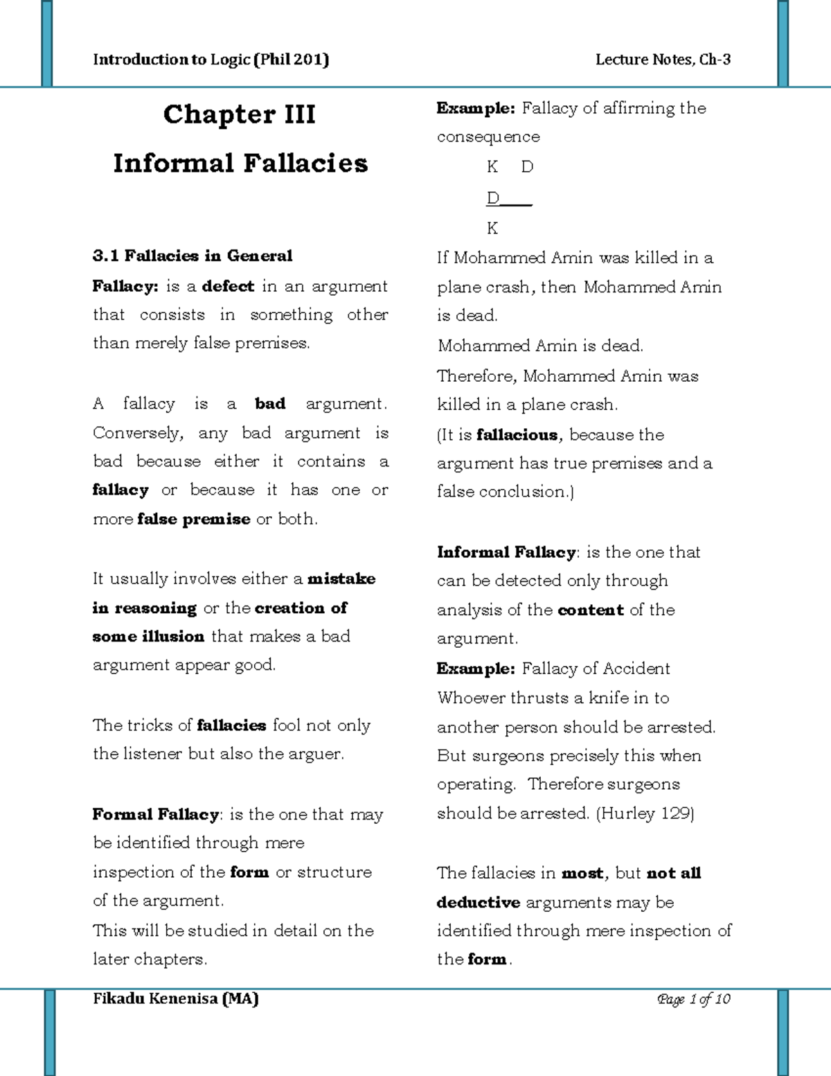 Logic chapter 5 - the best note - Chapter III Informal Fallacies 3 ...