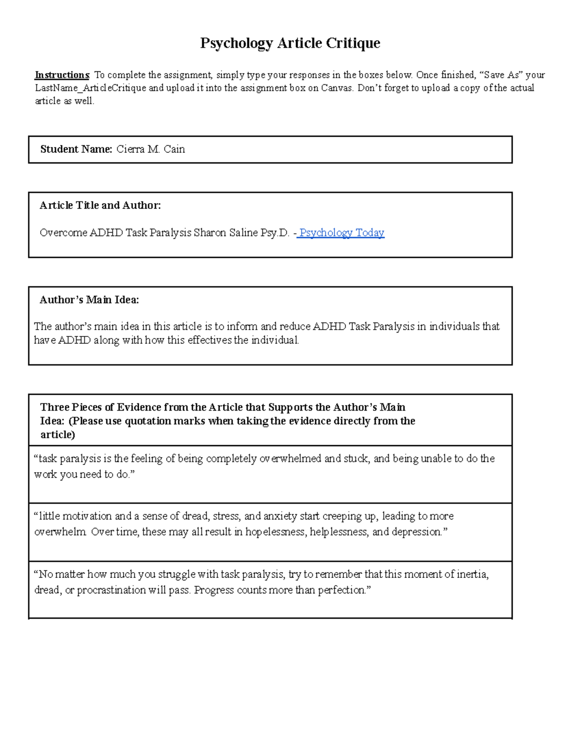 Introduction to Psychology Article Critique Form (1) - Tagged ...