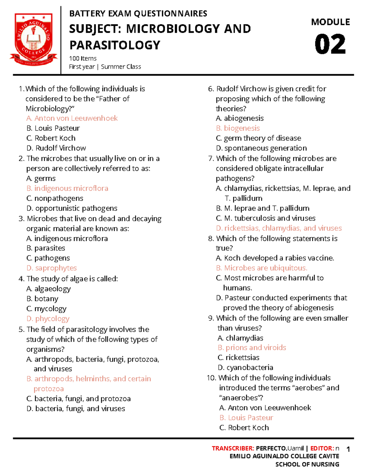 Micropara Practice Questions - 100 Items First year | Summer Class ...