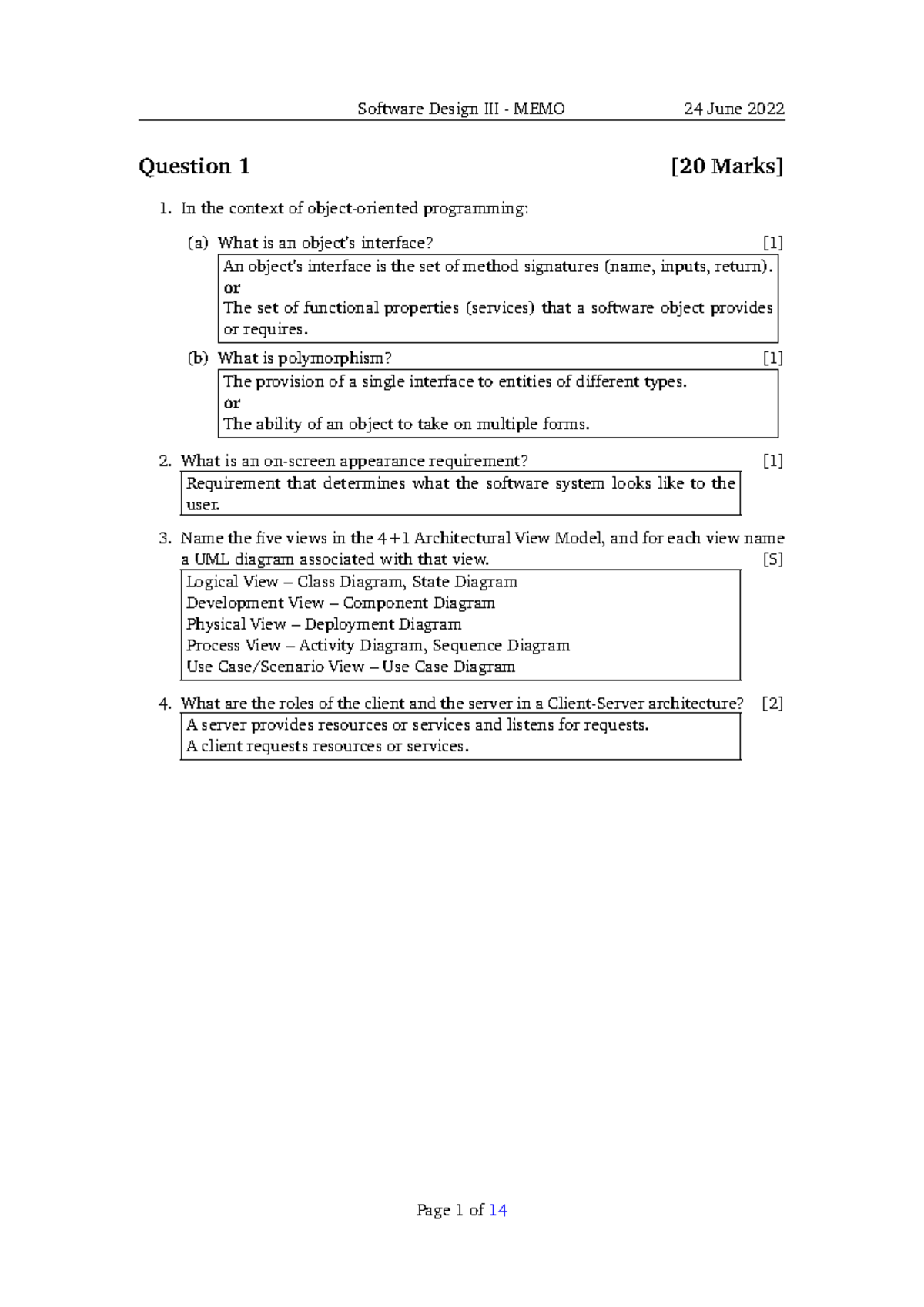 Coms3009A exam 2022 memo - Question 1 [20 Marks] In the context of object-oriented programming ...