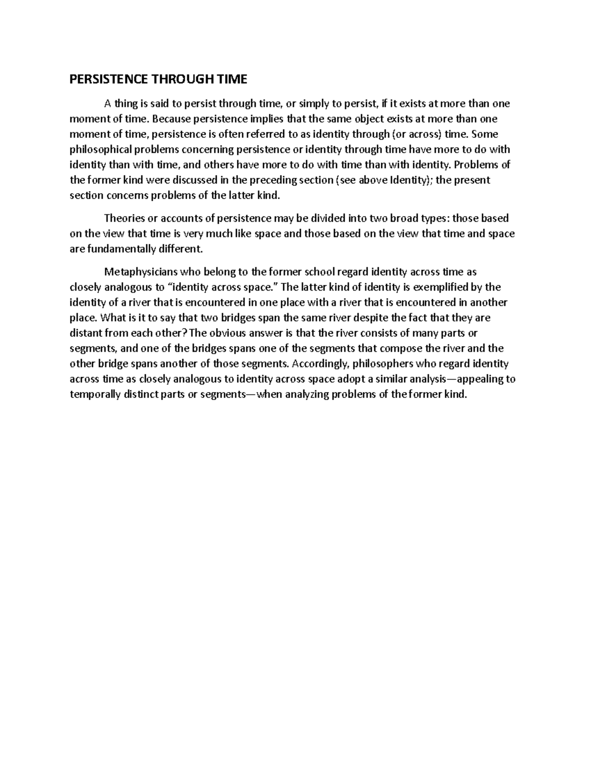 Persistence Through TIME - PERSISTENCE THROUGH TIME A thing is said to ...