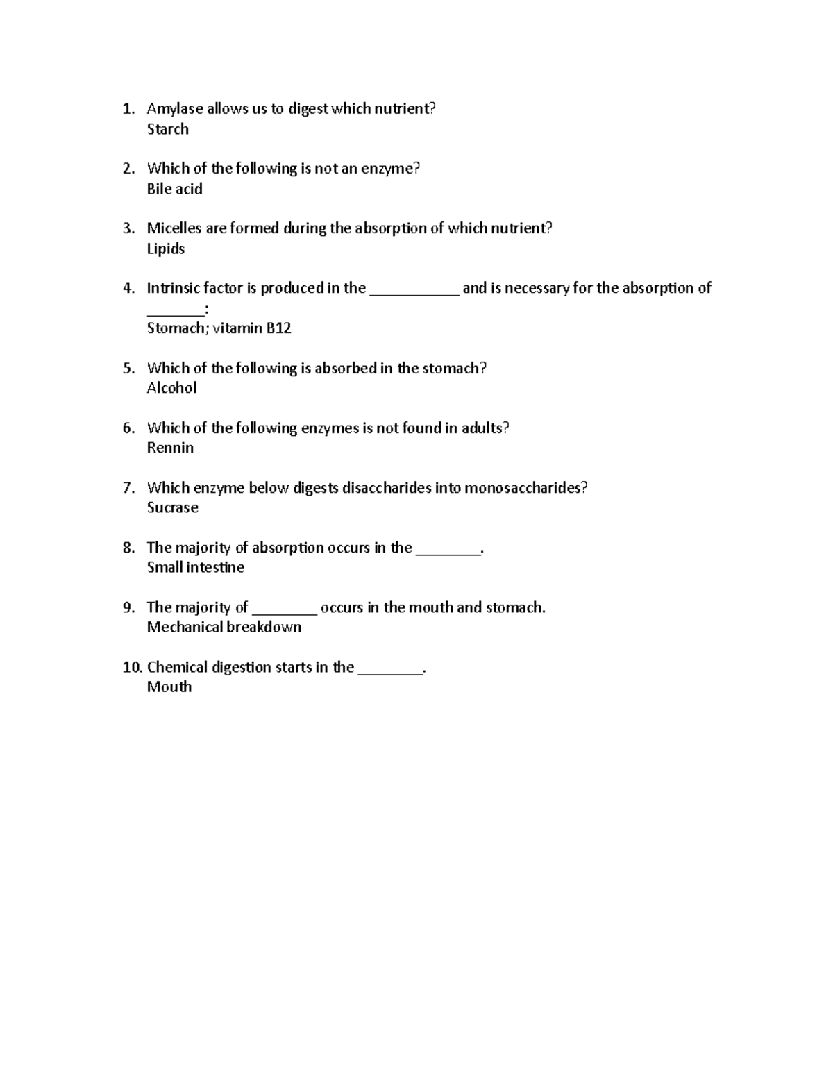 Quiz 10 - Quiz Practice Problems - Amylase allows us to digest which ...