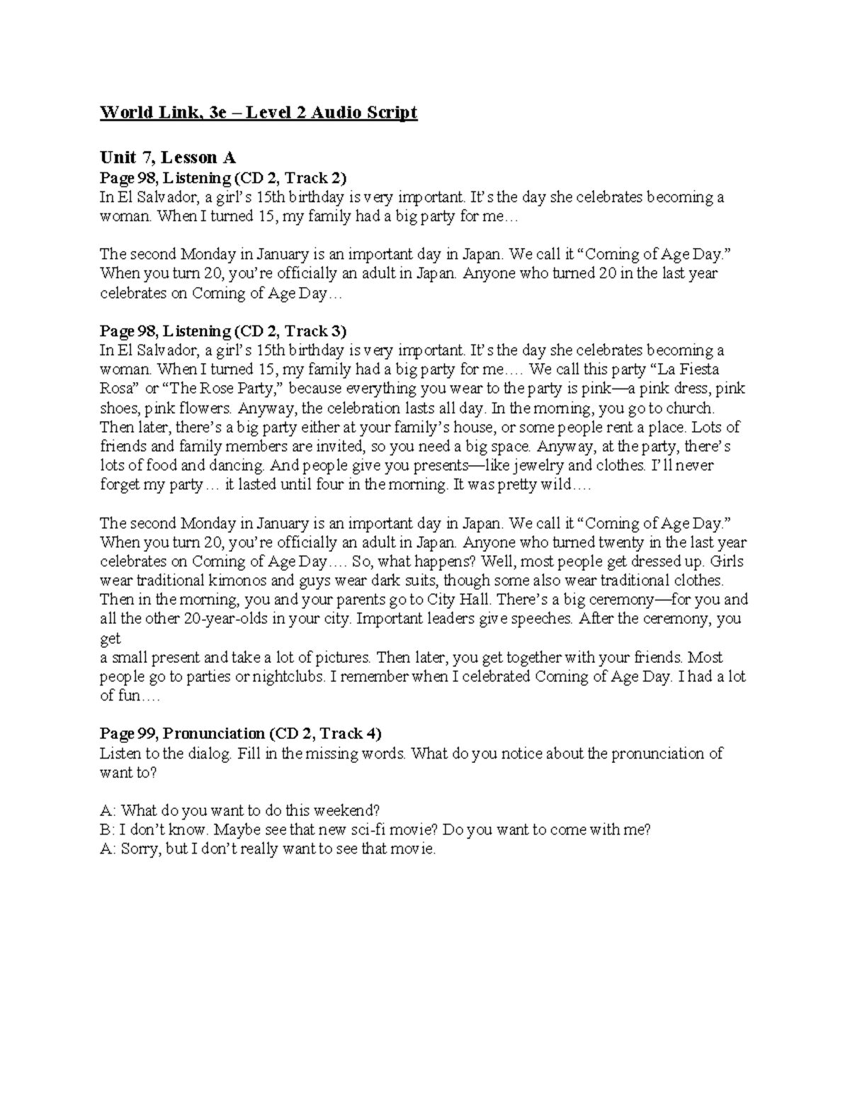 Wl3e level 02 u07 audio script - World Link, 3e – Level 2 Audio Script Unit 7, Lesson A Page 98 ...