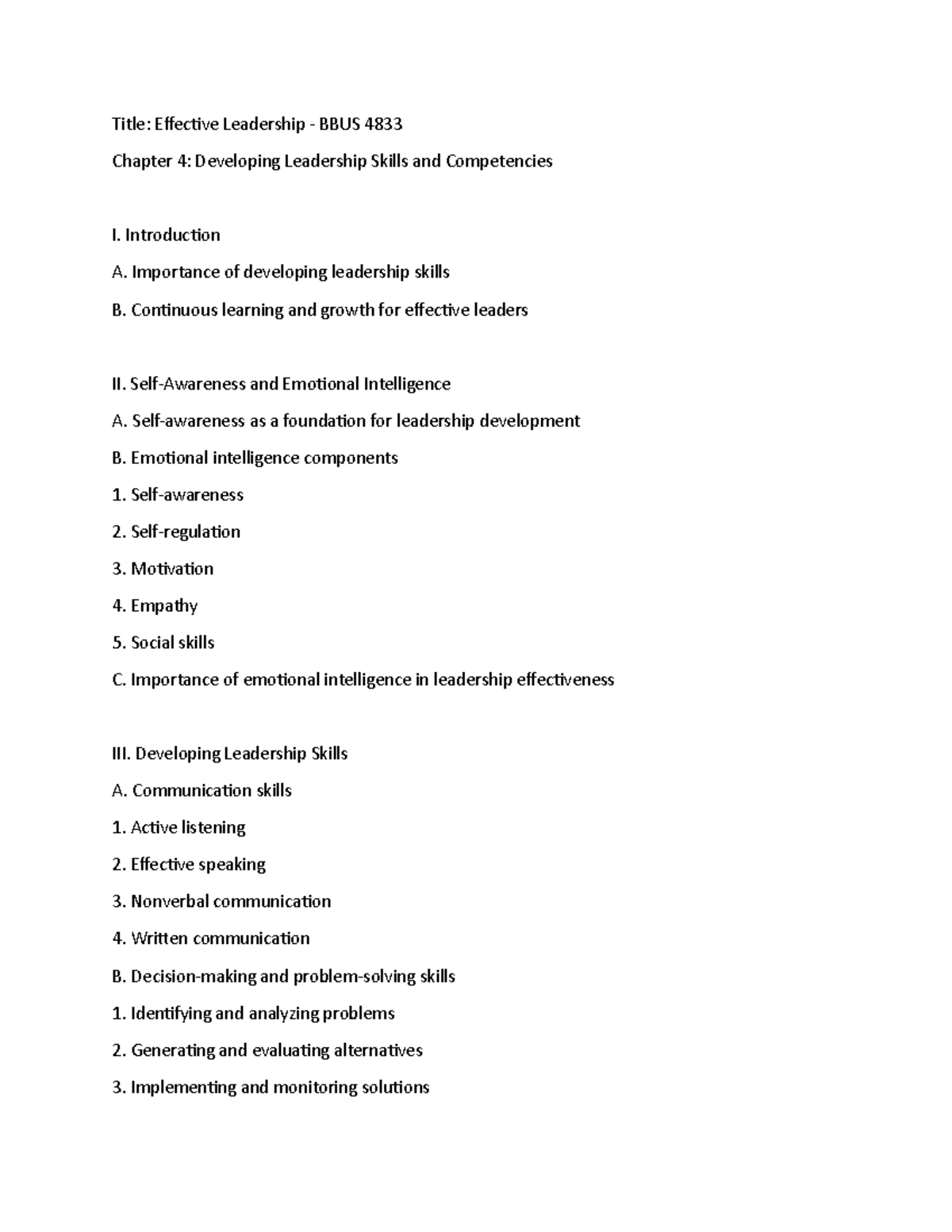Chapter 4 - Title: Effective Leadership - BBUS 4833 Chapter 4 ...