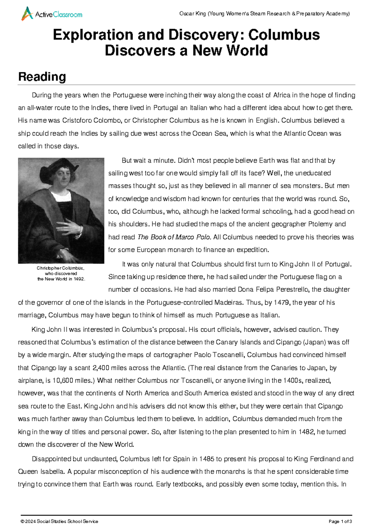 AC-Columbus Warm-Up Reading - Christopher Columbus, who discovered the ...