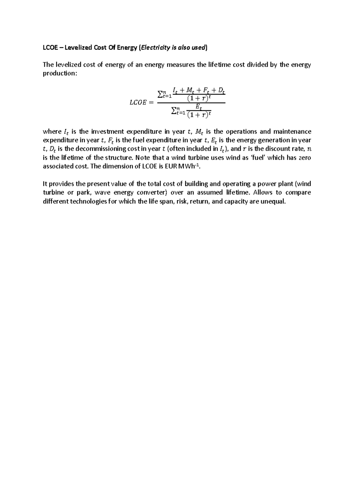 LCOE addendum - Levelized cost of energy equation with explanation ...