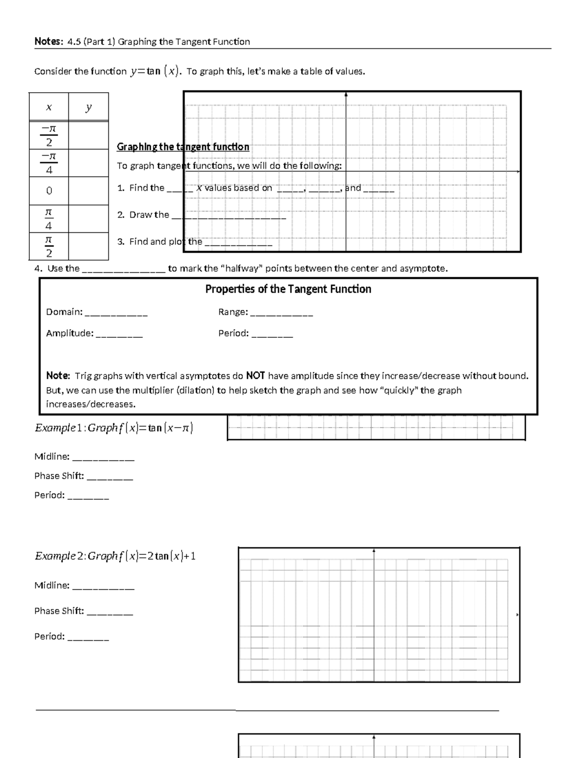 Notes 4.5 Part 1 Graphing Tangent - Notes: 4 (Part 1) Graphing the ...