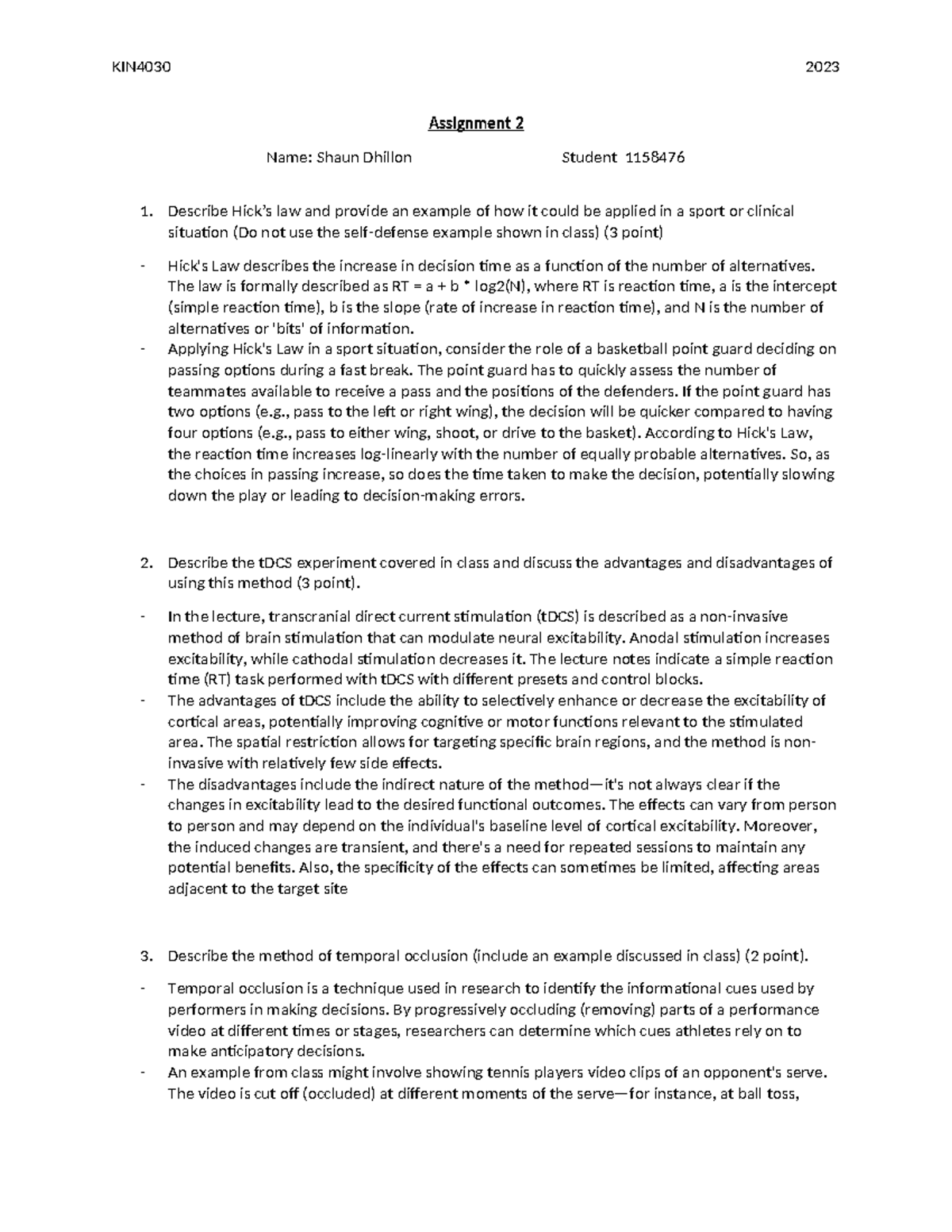 A2 - Lectures notes - KIN4030 2023 Assignment 2 Name: Shaun Dhillon ...