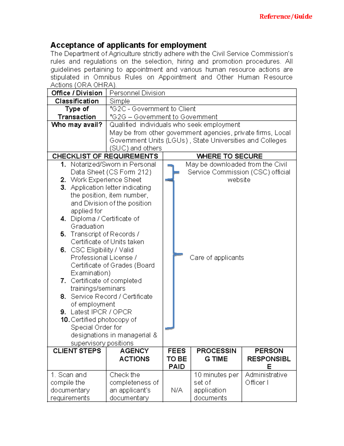 Guide for Acceptance of Applicants for Employment - Acceptance of ...